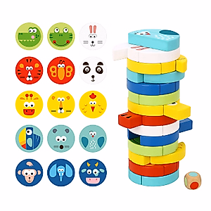 TOOKYLAND Wooden Tumble Tower Game - 61pcs - Stacking Blocks, Animal Cards and Die. Ages 3+