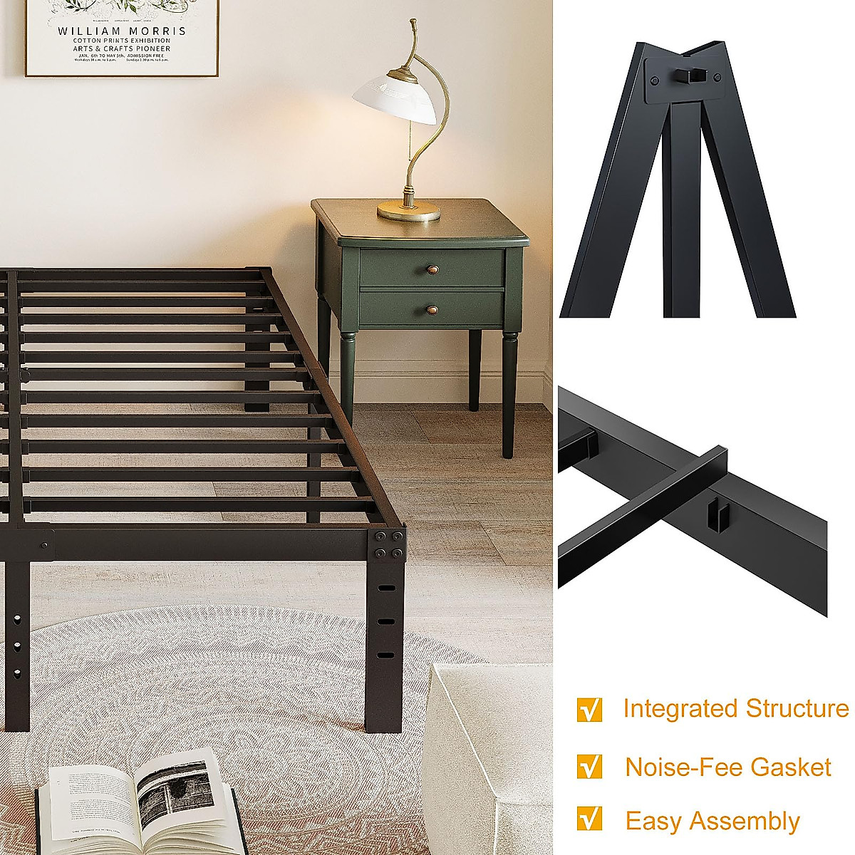 Bednowitz Queen Metal Platform Bed Frame, 12 Inch Queen-Size-Bed-Frame with Heavy Duty Steel Slats, Noise Free Mattress Foundation No Box Spring Needed, Easy Assembly, Black