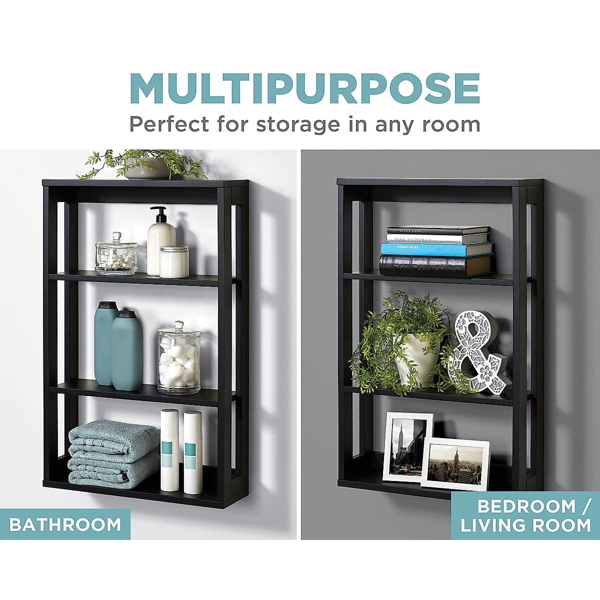 Zenna Home Wall Shelf, Black 4-Tier Organizer – Space-Saving Wall-Mounted Storage with Open Shelves for Towels, Toiletries, or Kitchen Essentials, Ideal for Bathroom, Kitchen, or Small Areas