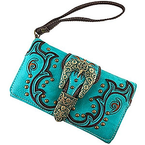Justin West Patina Girl Western Bronze Floral Buckle Handbag Purse Tote and Strap Wallet (Turquoise Handbag and Wallet)