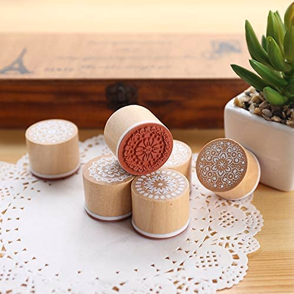 Waugve 12Pcs Wooden Stamps Floral Pattern Rubber Stamp Round and Square Lace Wooden Rubber Stamp for Scrapbooking and DIY Craft Card