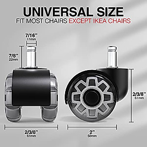 Office Chair Wheels Replacement 2 Inch Heavy Duty Rubber Chair Casters Universal Size Wheels for Office Chair Smooth Safe Rolling for All Floors Set of 5
