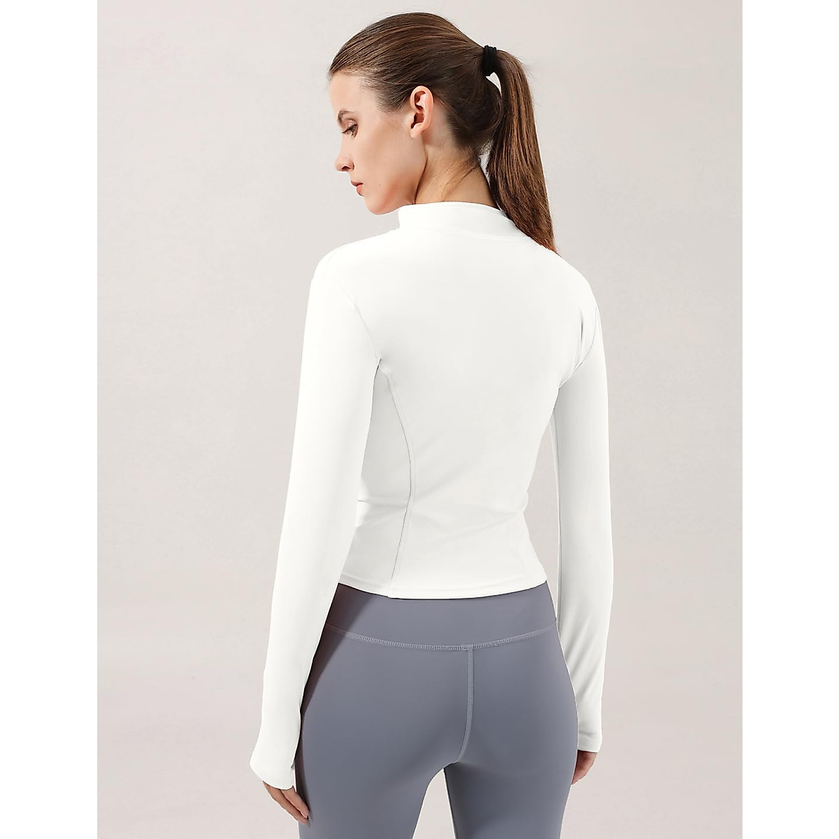 Gacaky Women's Slim Fit Lightweight Athletic Full Zip Stretchy Workout Running Track Jacket with Thumb Holes White M