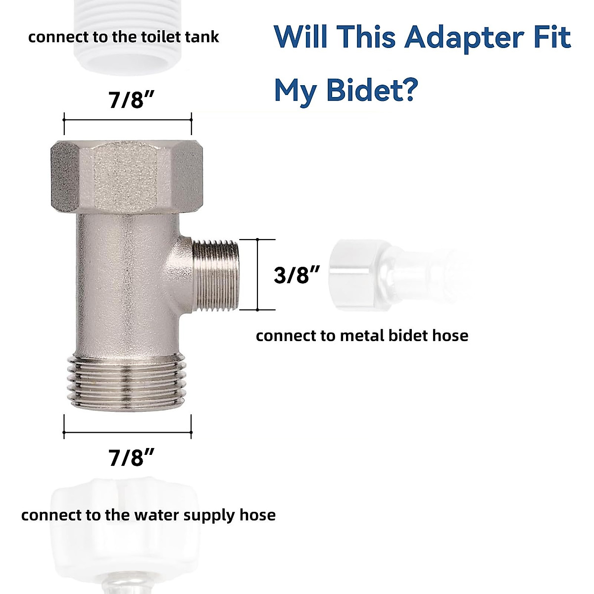 Chomely Bidet T Adapter for Tushy Bidet, Brass T Valve for (7/8” x 7/8” x 3/8”), 3-way T Connector Bidet Attachment for Toilet