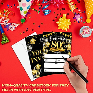 Surprise 80th Birthday Party Invitation, Black and Gold Fill-In Invites For Adult Woman & Man, 20 Invitations With Envelopes(4" x 6"), Party Favors Decorations And Supplies-06