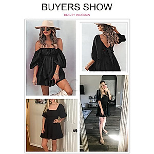 Dokotoo Square Neck Black Dresses for Women Tie Back Sexy Dress Lantern Sleeve Ruffle A-Line Mini Dress Wedding Guest Casual Summer Dresses for Women Medium