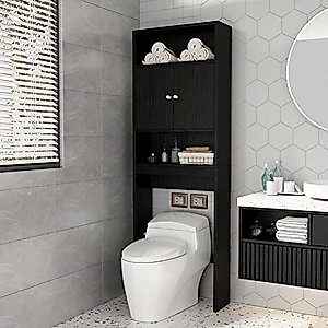 ME2 Bathroom Over The Toilet Storage Cabinet, 77'' Taller Bathroom Organizer Shelf Space-Saving Collect Cabinet with Shelves and Double Doors, Black