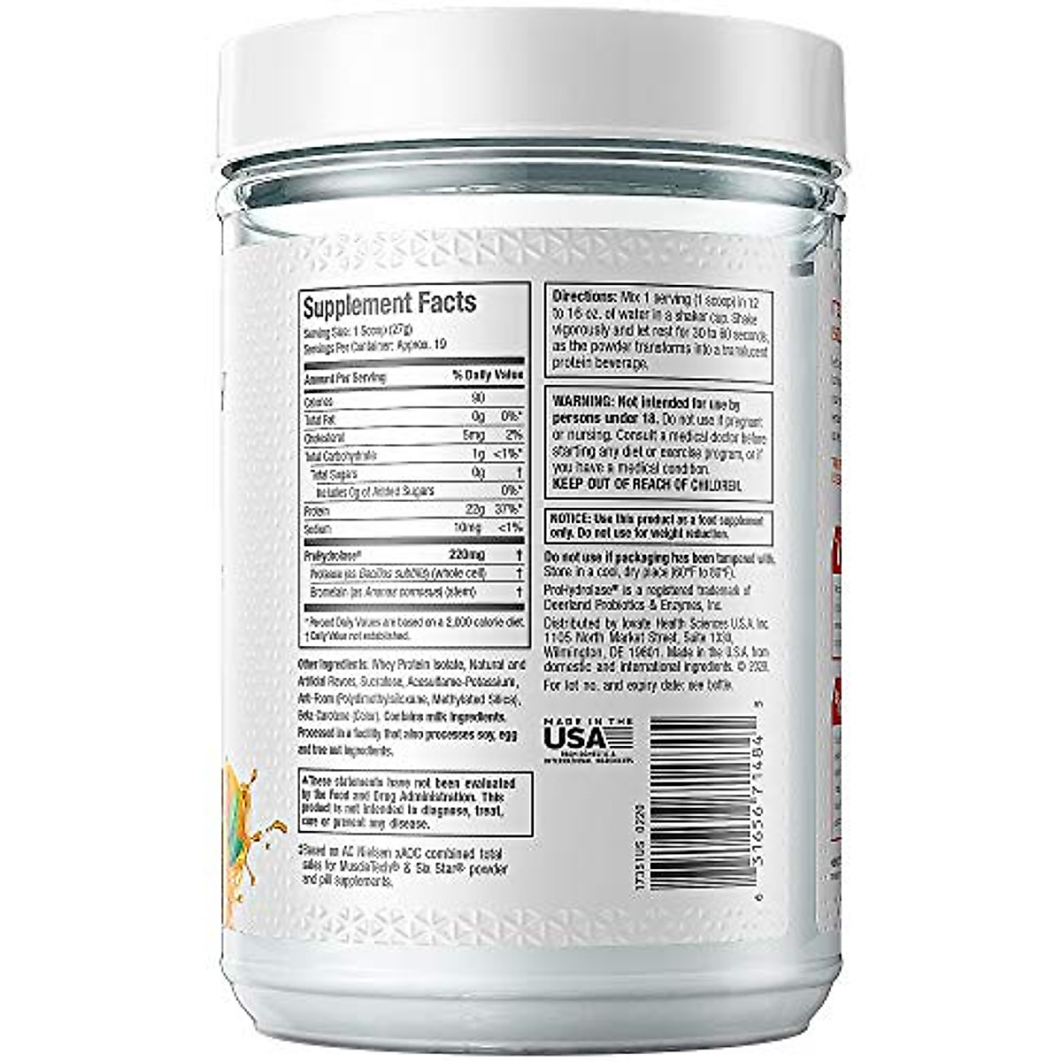 Whey Protein Powder | MuscleTech Clear Whey Protein Isolate | Whey Isolate Protein Powder for Women & Men | Clear Protein Drink | 22g of Protein, 90 Calories | Orange Dreamsicle, 1.1lb (19 Servings)