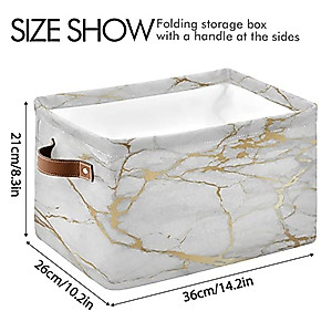 Kcldeci Luxury Marble Stone Gold White Storage Baskets Bins for Organizing, Foldable Sturdy Fabric Basket W/Handles, Large Decorative Storage Basket for Shelf Nursery Closet Toy Blanket