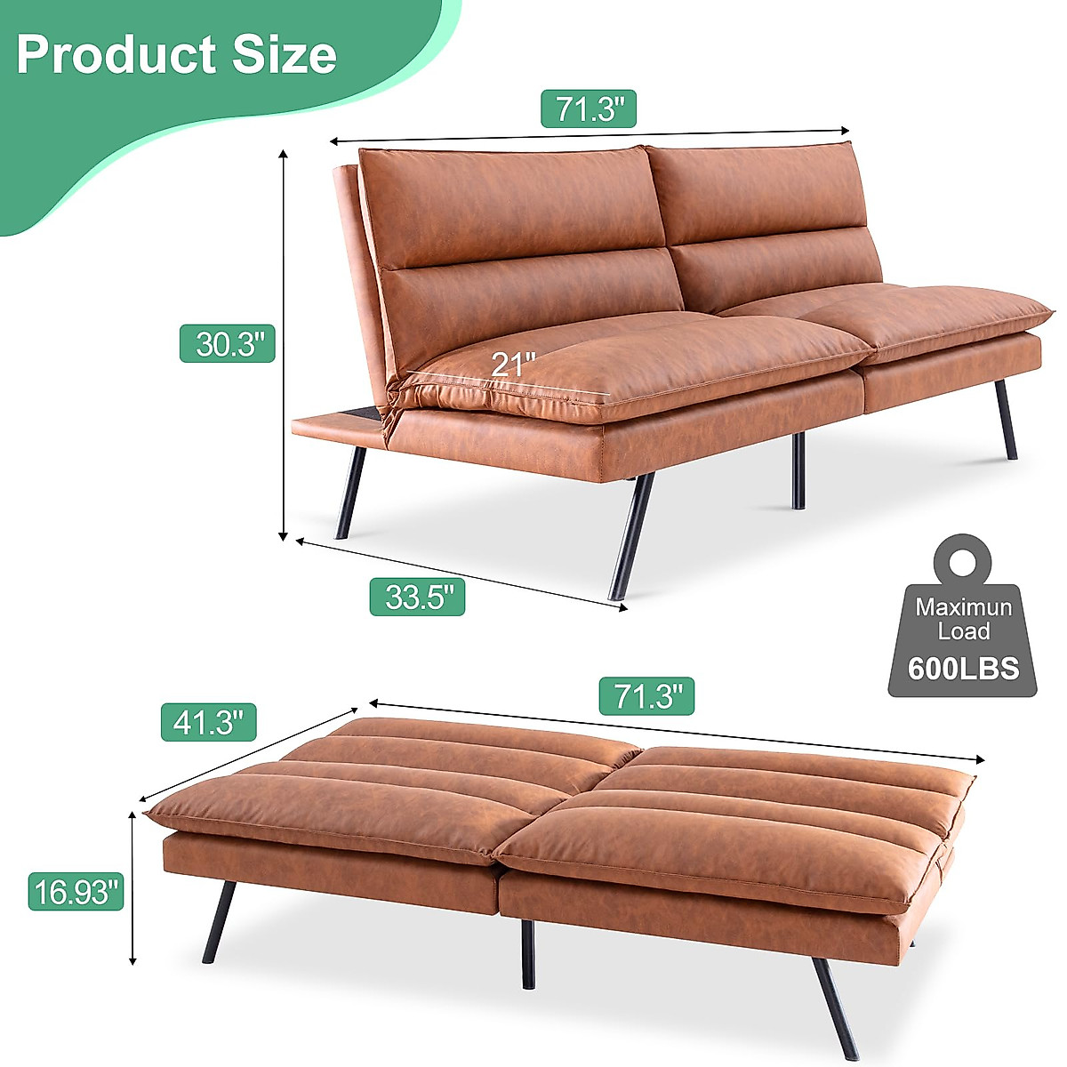 MUUEGM Futon Sofa Bed Couch,Memory Foam Convertible Futon Couch,Modern Faux Leather Sleeper Sofa Couch,Love Seat Sofa for Living Room Small Space Apartment Office,Adjustable Backrest