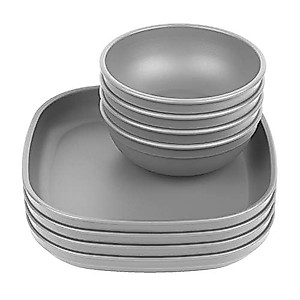 Re-Play Made in USA Set of 4 Flat Toddler Plates and 4 Bowls - Reusable 9" Kids Plates and 20 Oz. Toddler Bowl Set, Microwave and Dishwasher Safe - Toddler Plates and Bowls Set, Grey