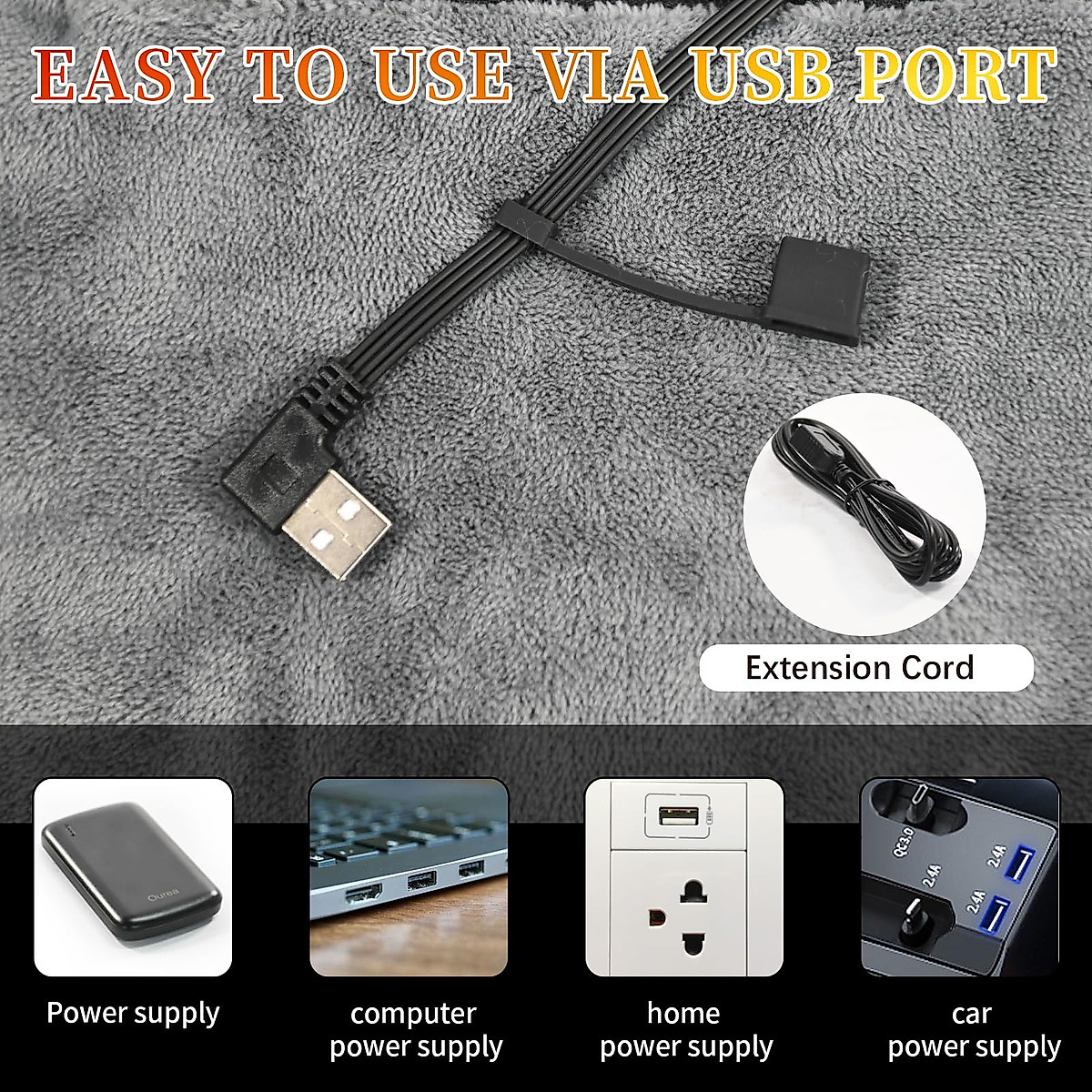 Ourea USB Heated Blanket, 50" x 60" Throw Portable, Soft Milk Velvet Electric Blanket Battery Operated with 3 Heating Levels, with USB Charger and Battery Pack, Machine Washable (Grey)