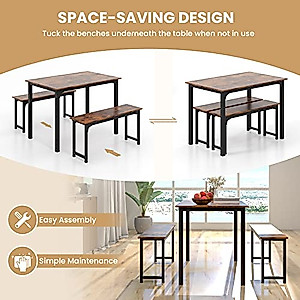 Tangkula 3-Piece Dining Table Set, Rectangular Kitchen/Dining Table with 2 Benches, Metal Frame, Space-Saving Furniture, Modern 4-Person Dinette for Kitchen, Dining Room