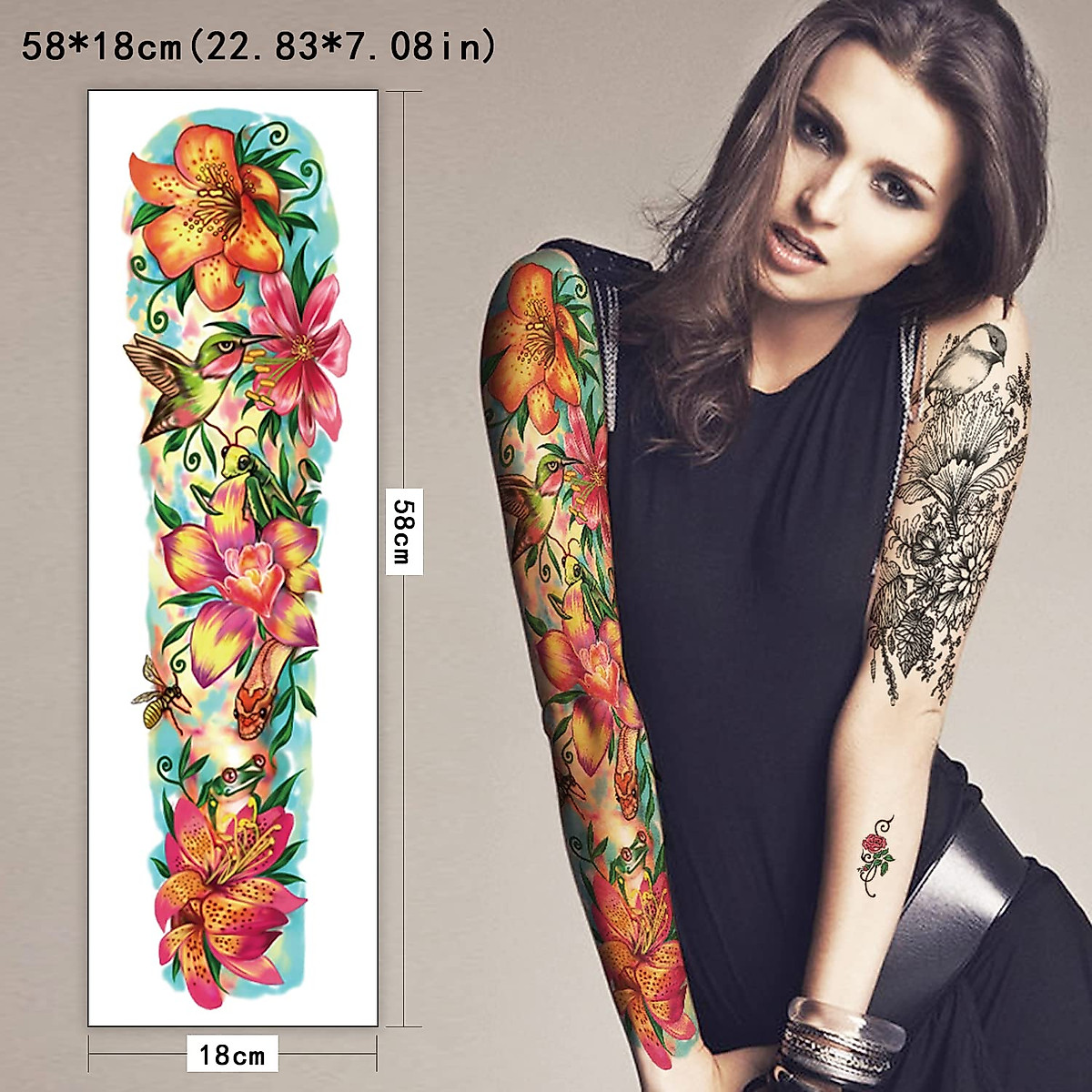 SOOVSY 46 Sheets Full Arm Temporary Tattoo for Men Women with Lion Lily Daisy Peony Rose, Half Arm Temporary Tattoos for Adults with Butterfly Bird Snake, Fake Tattoos That Look Real and Last Long