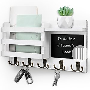 HRONRAD Key and Mail Holder for Wall, Farmhouse Wall Mounted Key Hooks with Floating Shelf,Wooden Hanging Key Organizer Storage, 5 Double Hooks and Blackboard for Entryway (White)