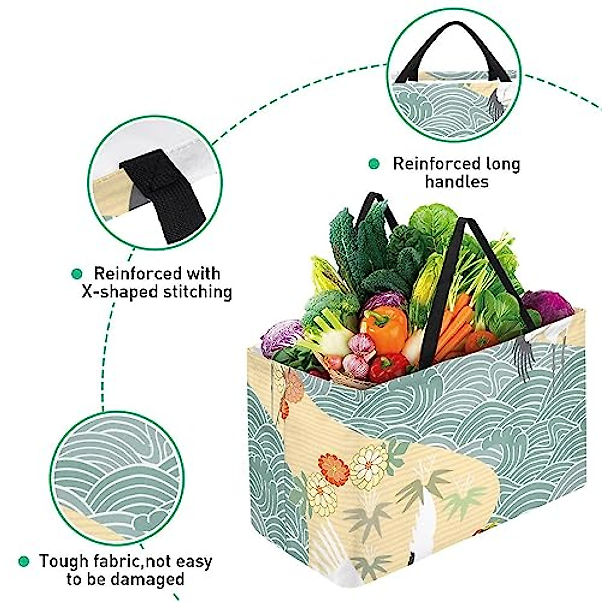 KQNZT Reusable Grocery Bags, Heavy Duty Reusable Shopping Bags, Large Tote Bags with Long Handles and Reinforced Bottom, Japanese Style Wave Crane