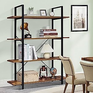 Iwell 4-Tier Bookshelf, Tall Bookcase with Metal Frame, Book Shelf, Open Display Shelves for Living Room, Bedroom, Home Office, Rustic Brown