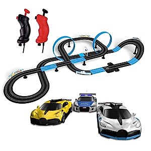 AGM MASETCH High Speed Series Tram Dual Track Set, 8.4m Electric Track with 3 Vehicles Slot car Racing, Comes with 2 Hand Controls and Track Parts and a Lap Counter