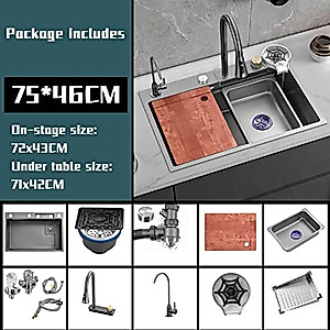Drop-in Kitchen Sink, Stainless Steel Nano Waterfall Sink, Commercial Sink Single Bowl with Pull-Down Faucet Chopping Board and Cup Washer Workstation Sink Accessories