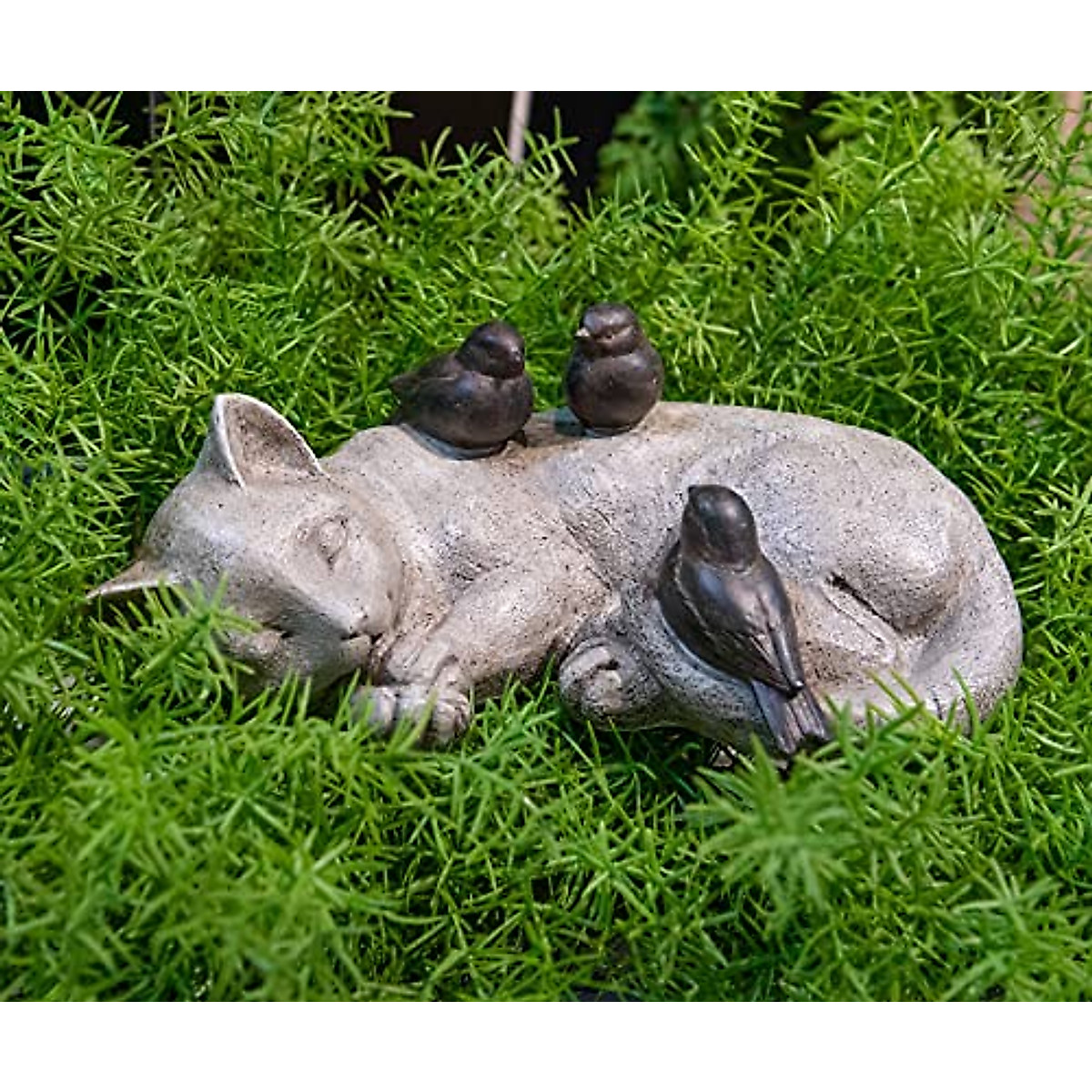 LC LCdecohome Sleeping Cat Garden Statues Outdoor - Sparrows On Cat Figurine 12" x 8" x 4.5"