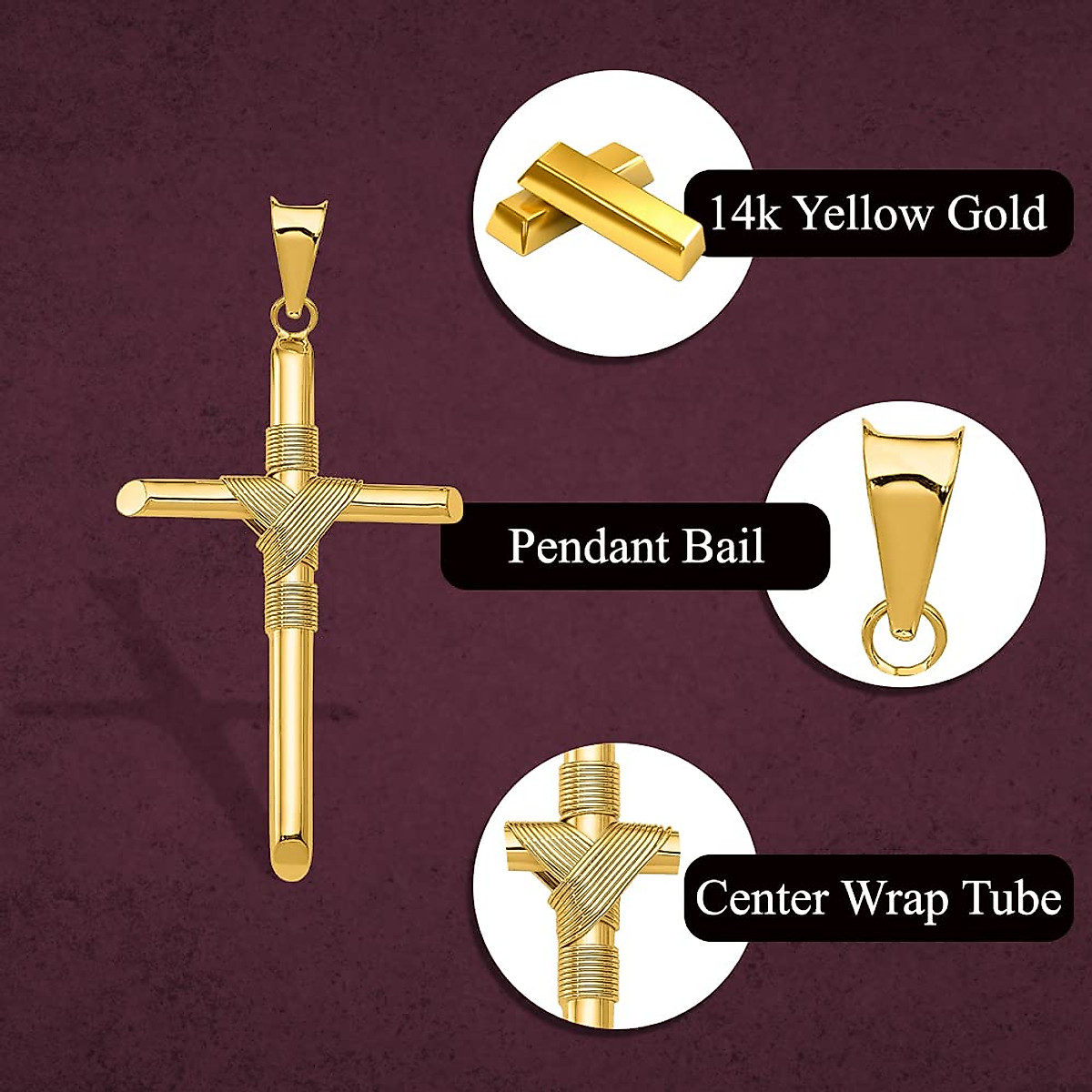 Diamond2Deal 14k Yellow Gold Polished Tube Cross Pendant for Women (L- 45.2 mm W- 23.6 mm)