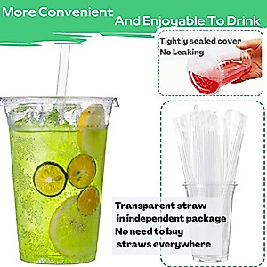 botogift [50 Sets]  20 oz Clear Plastic Cups with Flat Lids and STRAWS, Disposable Coffee Cups, Drinking Cups for Cold Drinks, Milkshakes, Juice, Smoothies, Slurpee