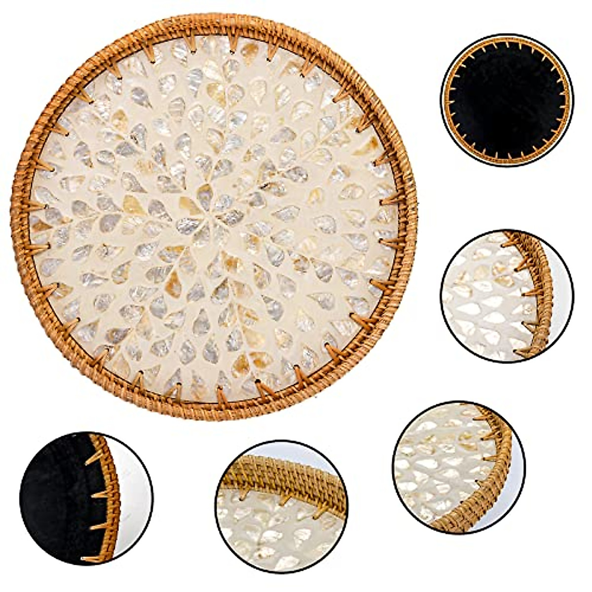 Frcctre 2 Pack Round Rattan Serving Tray with Mother of Pearl Inlay Wooden Base, Decorative Wicker Baskets Woven Serving Tray for Bread Fruit Food Coffee Breakfast, Storage and Display, 2 Sizes