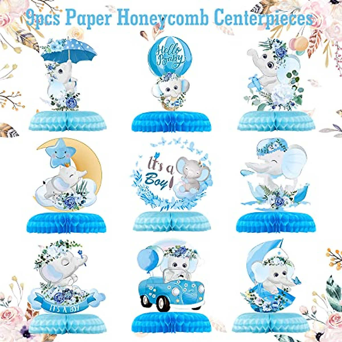 PHIAMOLY 9 Pcs Floral Elephant Honeycomb Centerpiece Blue Elephant Table Decorations Its a Boy Baby Shower Decorations Eelephant Theme Birthday Party Supplies
