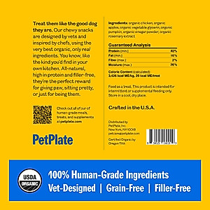 PetPlate Chicken Apple Sausage Bites, Human Grade Dog Treats, All Life Stages, Grain-Free, Organic and Real Ingredients, High Protein, Healthy Snacks (Pack of 1, 4.5 Ounce)