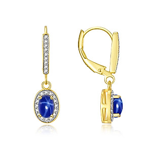 Rylos Yellow Gold Plated Silver Dangling Earrings - 6X4MM Oval Blue Star Sapphire & Sparkling Diamonds - Exquisite Birthstone Jewelry