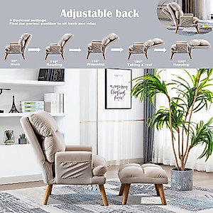 CANMOV Modern Accent Chair with Ottoman, Soft Fabric Armchair with Adjustable Backrest and Side Pockets, Comfy Lounge Chair for Living Room, Bedroom, Apartment, Office, Beige