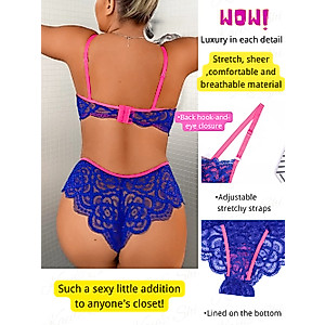 Kaei&Shi Sexy Bra And Panty Sets,Underwire Floral Lace Lingerie For Women, Sheer Scalloped Neon Matching Two Piece Lingerie Set Petite Boudoir Blue Small
