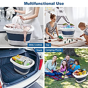 Nancyber Collapsible Plastic Laundry Basket, 42L Large Laundry Hamper with Handles, Foldable Pop Up Storage Container/Organizer, Portable Clothes Hampers/Baskets in the Dorm & Family, White & Blue