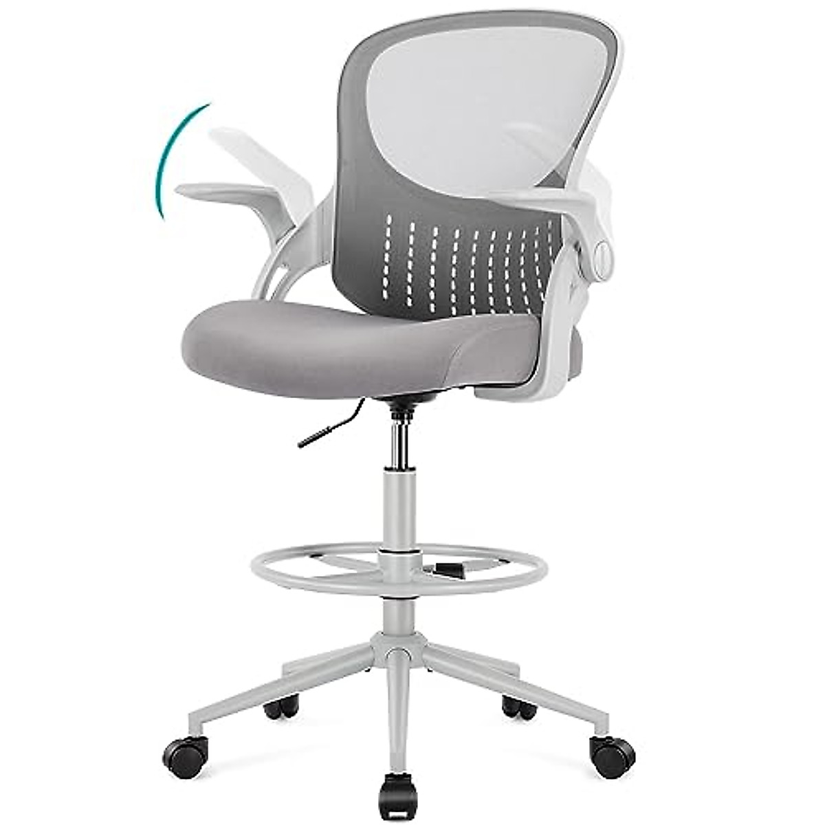 Drafting Chair with Flip-up Armrests and Foot-Ring, Tall Office Chair for Standing Desk Adjustable Height Office Desk Chair for Home Office, Breathable Mesh Swivel Rolling Tall Chair Grey