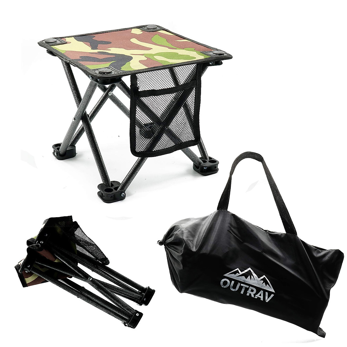 Outrav Camping Stool - Outdoor Travel Folding Small Chair - Portable Stool for Camping, Fishing, Hiking, Gardening, & Beach - Heavy Duty, Lightweight Easy to Carry Camping Seat with Carry Bag (Camo)