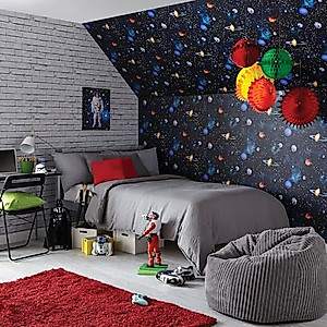 Arthouse Kids Cosmos Space Planets Charcoal Gray Wallpaper - Twinkling Stars on a Midnight Background with Green Accents - Amazing 3D Effect - Ideal for Teenager Bedroom - 668100