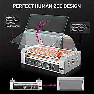 Leconchef Hot Dog Roller Machine Commercial Electric 7 Roller Grill Hot Dog Warmer Cooker Machine Stainless Steel with Dual Temp Control, Detachable Glass Cover & LED