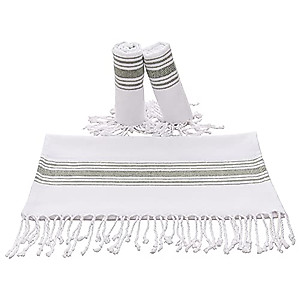 BAROOGA Hand Towels for Bathroom (Set of 3) Turkish Kitchen Towels, Farmhouse Towels for Kitchen, Fringe Tea Dish Cloth Set, Quick Dry and Highly Absorbent (18 x 38 inches) (Khaki Green)