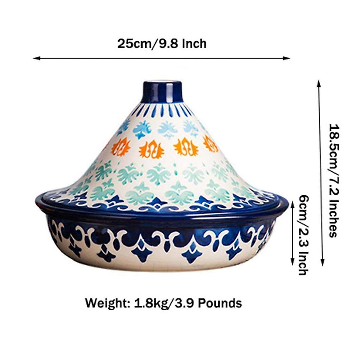 MYYINGBIN 10 Inches Moroccan Tagine with Ceramic Base and Cone-Shaped Lid Underglaze Craft Clay Enamel Stew Pot Healthy Slow Cooker, Blue