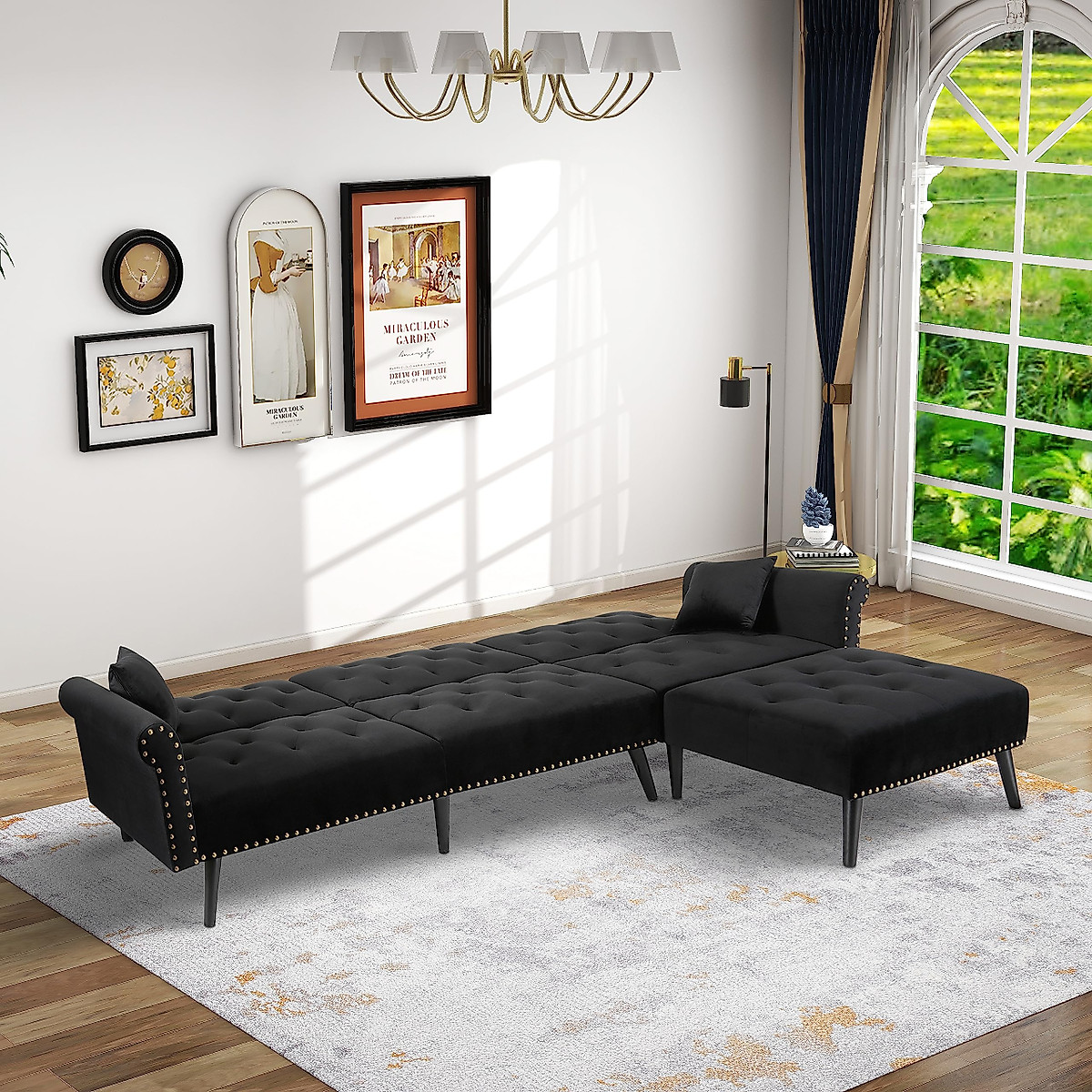 POCIYIHOME Sectional Sofa Right Hand Facing Velvet Button Tufted, L Shape Chaise with Nail Head Detail, Modern 4-Seater with Seat Cushion & Wood Leg, 2 Pillows, Couch for Living Room,Office, Black
