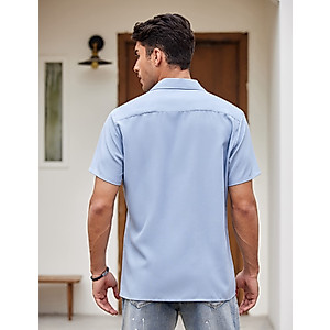 COOFANDY Men's Casual Button Down Shirts Retro Bowling Shirts Beach Wear Clothing Light Blue White