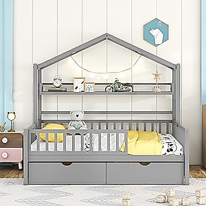 WADRI Full Size House Bed with 2 Drawers and Shelf, Wood House Bed Frame with Roof Design and Safety Guardrail, Montessori Bed for Girls Boys Bedroom, Can be Decorated (Gray + Wood-A32)
