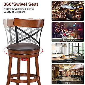 COSTWAY Bar Stool Set of 2, 360-Degree Swivel Solid Wood Stools with Soft Cushion & Backrest, 29.5”Height Kitchen Counter Bar Stools for Kitchen Island, Pub, and Restaurant (2, 29in)
