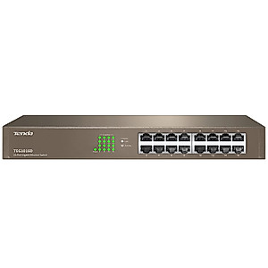 Tenda TEG1016D, Unmanaged 16 Port Gigabit Switch, Rackmount Ethernet Switch, Plug & Play, Fanless & Metal Design Network Switch, Limited Lifetime Protection