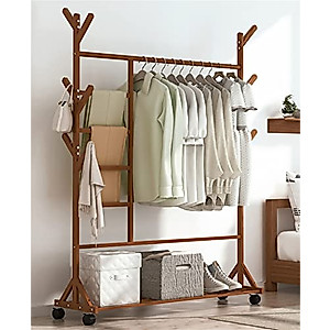 YXDFG Rolling Closet Organizer Shoe Rack,Bamboo Clothes Drying Rack,Coat Rack Stand Garment Rack Rail W/9 Side Hooks,Hall Tree Entryway Bedroom Storage Shelves Clothes Hanging Rack,Brown