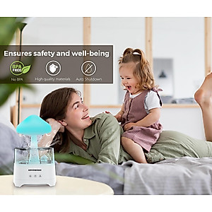 Rain Cloud Humidifier Water Drip, 2X Cool Mist Rate Ultrasonic Aromatherapy Diffuser by Ergonomc: Remote Controlled, 7 Color Night Light, 450ml, Auto Shut Off, Mushroom Humidifier, 1Yr Warranty