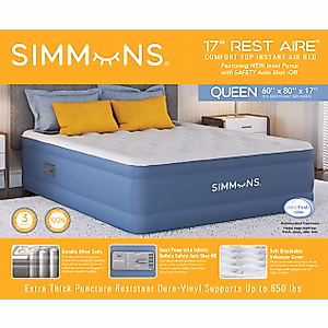 Simmons Rest Aire Mattress Air Bed with Side Built-in Pump and Soft Velveteen Topper, 17" Queen