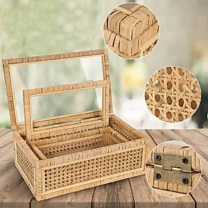 Handwoven Boho Rattan Display Boxes with Glass Lids - Set of 2 Rectangular Decorative Storage Bins - Natural Woven Cane Home Decor Organizers