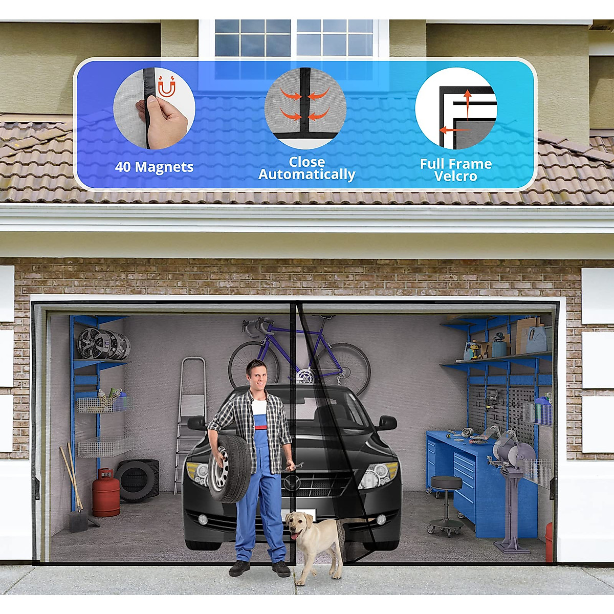 Garage Door Screen For 2 Car 18x7FT, Magnetic Screen Garage with Retractable Fiberglass Mesh and Heavy Duty Weighted Bottom, Easy Assembly & Pass, Hands Free Screen Door w/ 40 Magnets for Garage/Patio