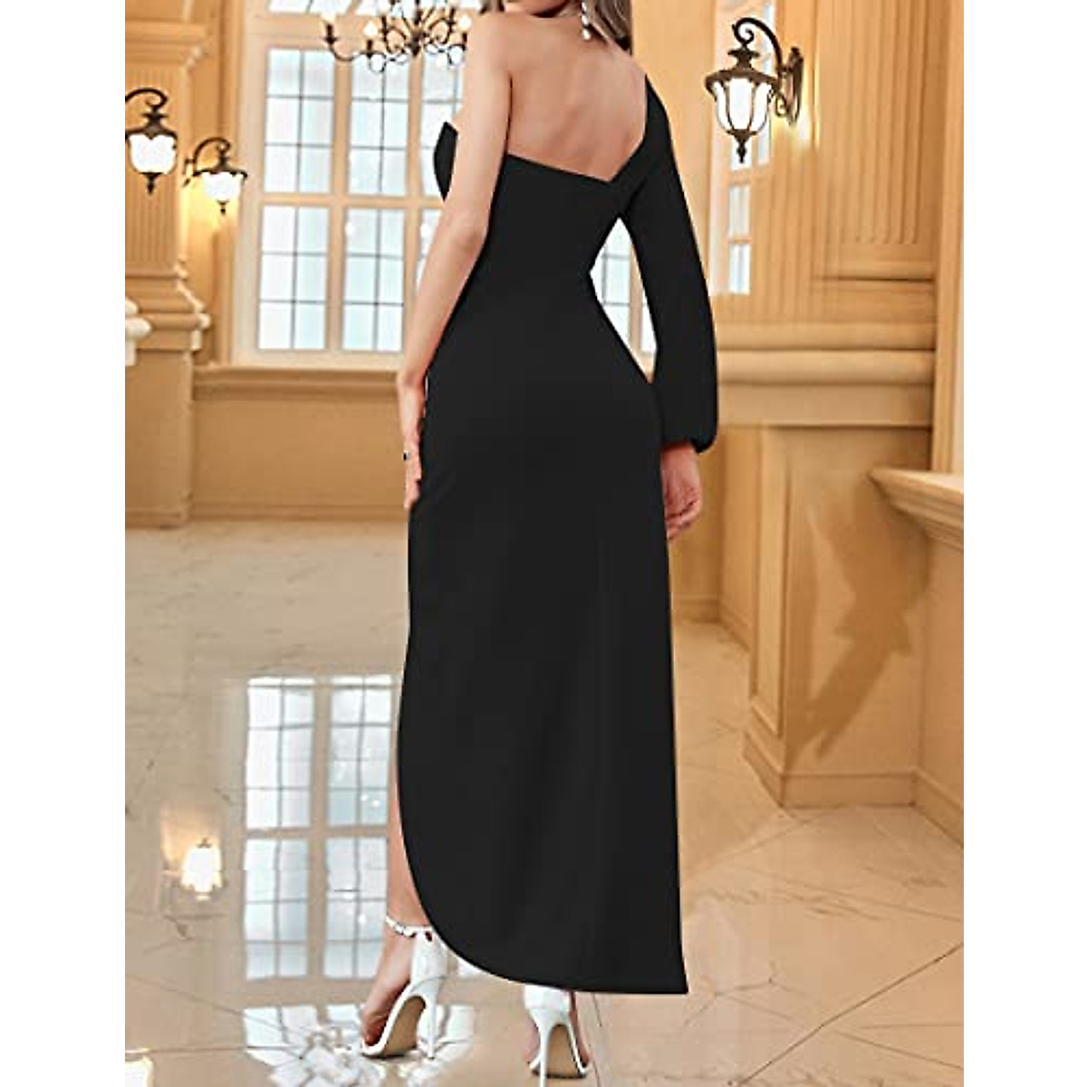 ZESICA Women's 2023 One Shoulder Long Sleeve Cocktail Dress Sexy High Slit Ruched Bodycon Wedding Guest Maxi Dresses,Black,Large